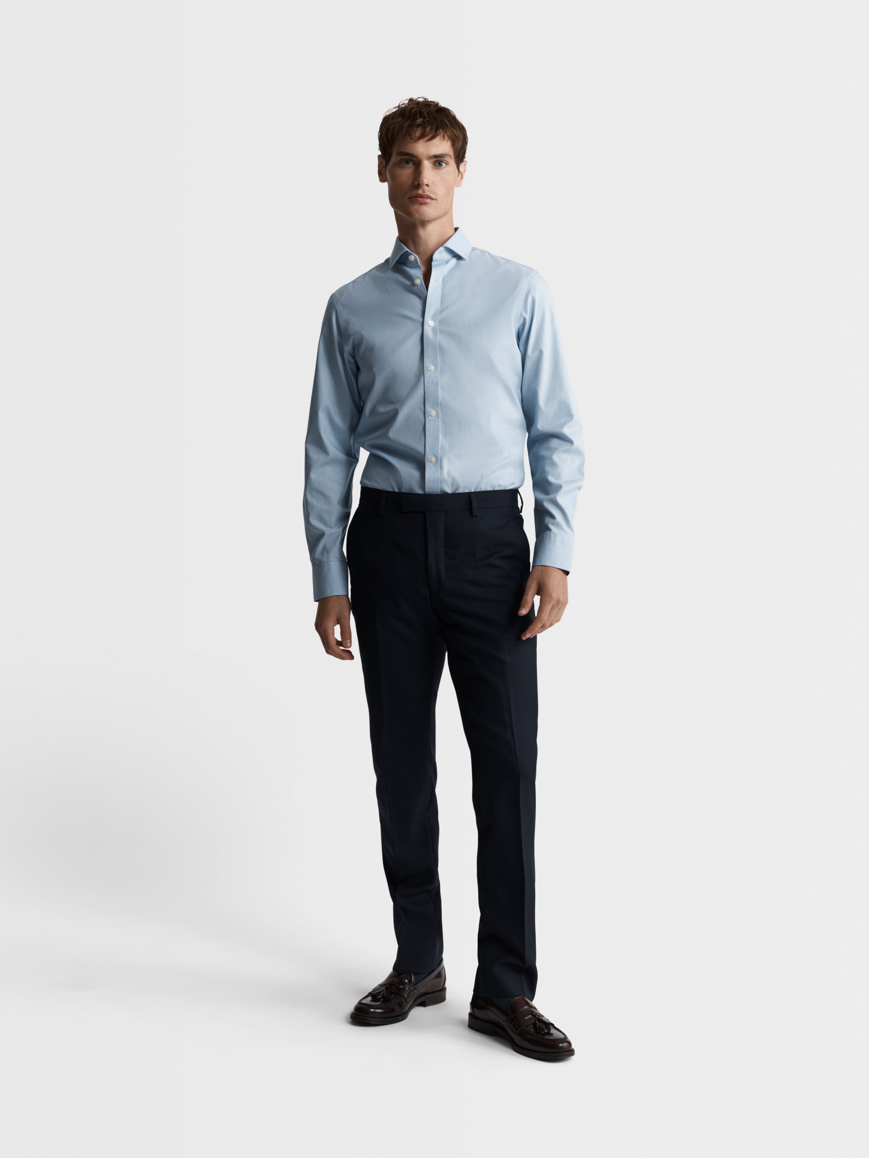 Non-Iron Blue Micro Dogtooth Plain Weave Fitted Single Cuff Semi-Cutaw ...